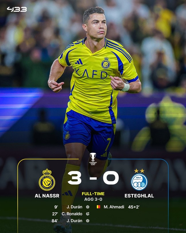 [ACLE 리뷰] ‘호날두 PK 파넨카킥→927호골’ 알 나스르, 에스테그랄 3-0 격파...ACLE 8강 진출