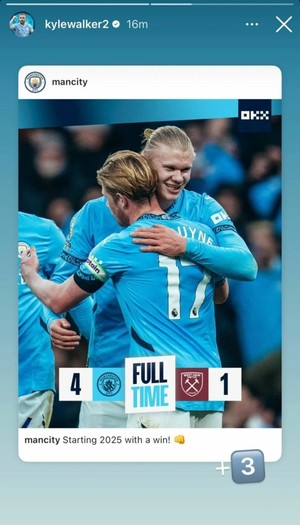 웨스트햄전 4-1 대승→팬들과 자축...맨시티 ‘레전드’ DF, SNS에 “2025년 시작은 승리와 함께!”